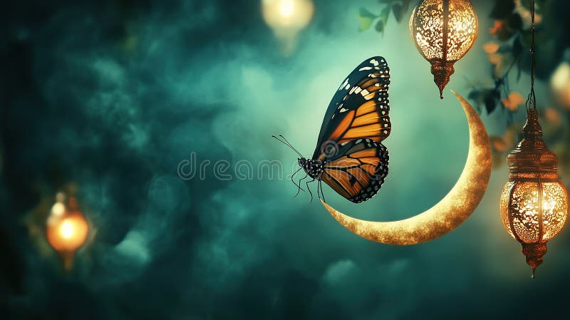 Monarch Butterfly Perched on a Crescent Moon at Night, with Glowing ...