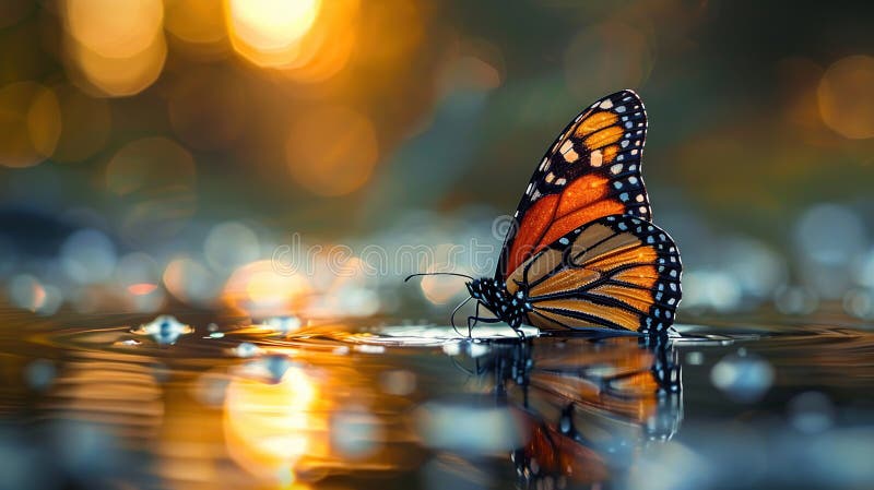 A Monarch Butterfly Perched on a Water Surface with a Bokeh Background ...