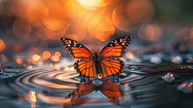 A Monarch Butterfly Perched on a Water Surface with Its Reflection ...