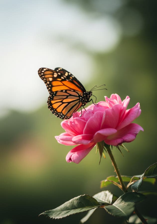 Monarch Butterfly on a Pink Rose in a Garden Stock Illustration ...