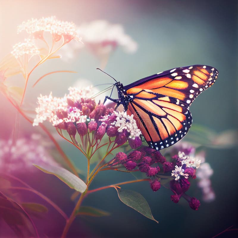 Monarch Butterfly Pollinating Flowers Stock Illustration - Illustration ...