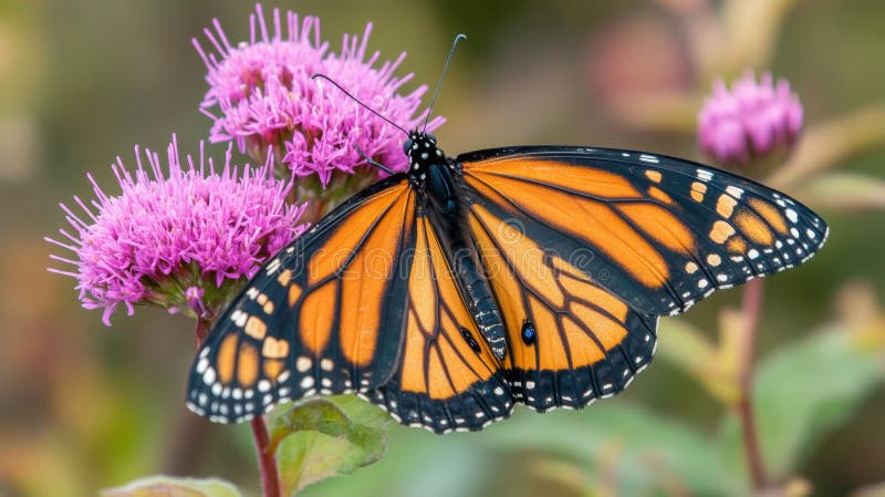 Monarch Butterfly on Purple Flower Blossoms Stock Illustration ...
