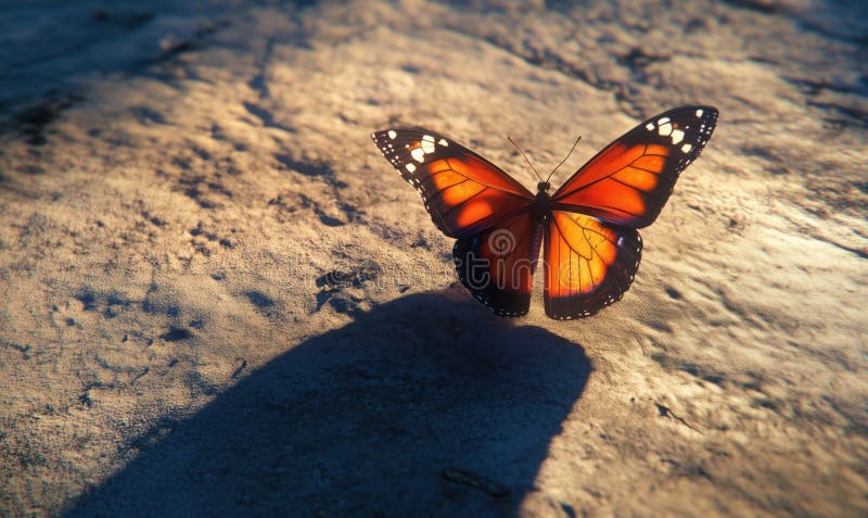 Monarch Butterfly Resting on Textured Surface Casting a Shadow in Warm ...