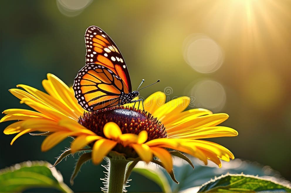 Monarch Butterfly Resting on Vibrant Sunflower Under Warm Sunlight ...
