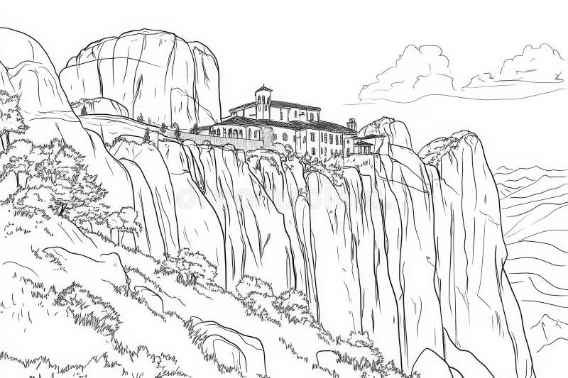 Monastery on Clifftop Line Drawing of a Monastery Perched Atop Dramatic ...