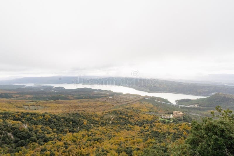 Monastery of Leyre in Navarra Spain with the Lake of Yesa. Landscape of ...