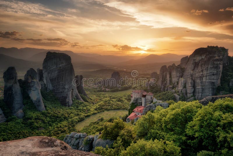 Monastery Meteora Greece. Stunning Spring Panoramic Landscape at Sunset ...