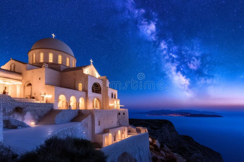 The Monastery of Orthodox Monastery, Illuminated at Night Under the ...