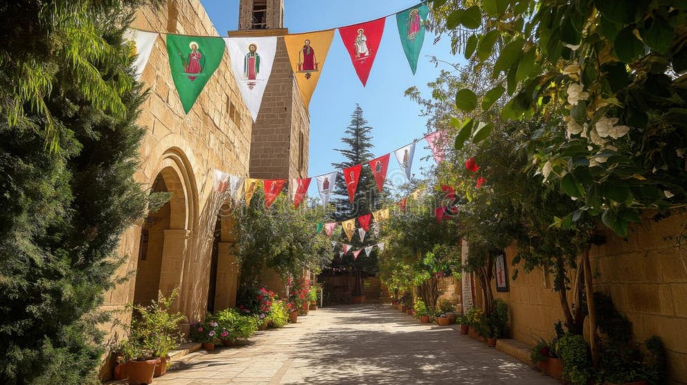 Monastery Pathway Decorated with Festive Banners and Lush Greenery with ...