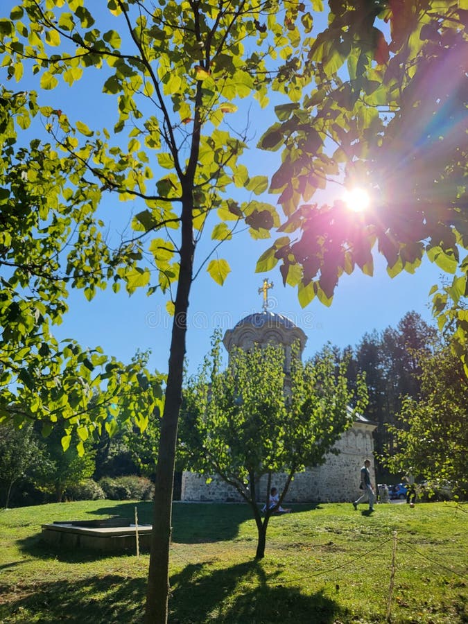 Monastery sunn sky trees stock image. Image of sunn - 241307463