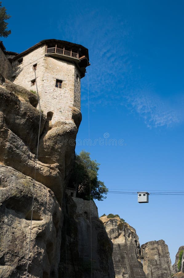 Meteora Monastery and Lift Cage in Greece Stock Photo - Image of ...