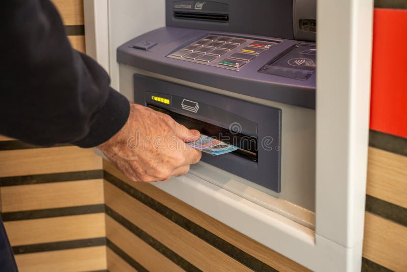 Money at ATM, cash machine stock photo. Image of euro - 195193272