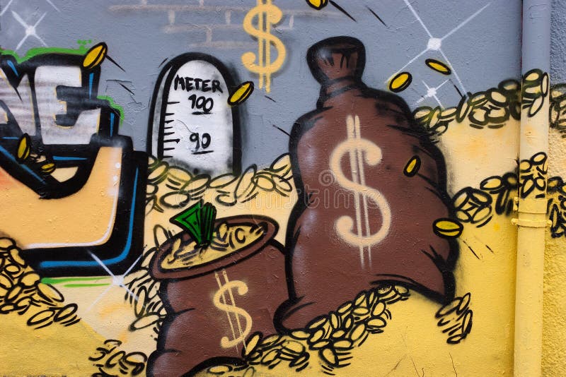 Money Bag and Coins - Graffiti Editorial Photo - Image of colors ...