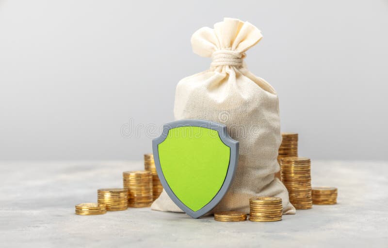 Money Bag and Shield. Savings Protection. Money Bag and Coins with a ...