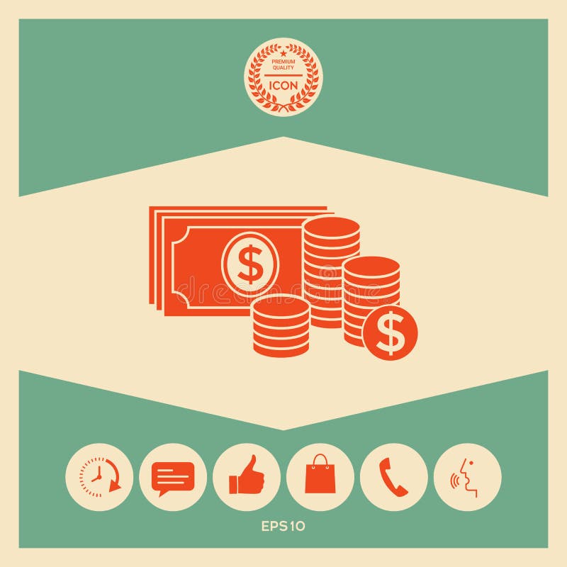 Money Banknotes Stack and Stack of Coins Icon with Dollar Symbol Stock ...