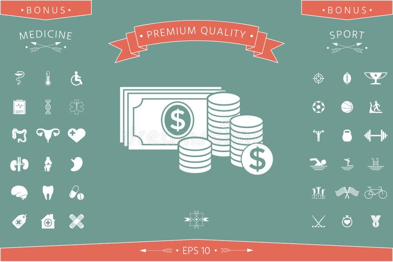 Money Banknotes Stack and Stack of Coins Icon with Dollar Symbol Stock ...