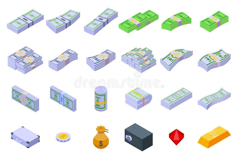 Money Bundle Icons Set Isometric Vector. Dollar Stack Stock ...