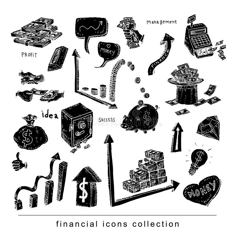 Money and Business Icons Set, Hand Drawn.black, Stock Vector ...