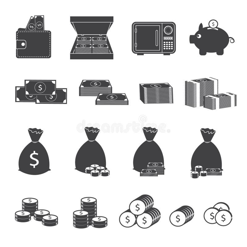 Money Cash and Coin Icons Collection Stock Vector - Illustration of ...