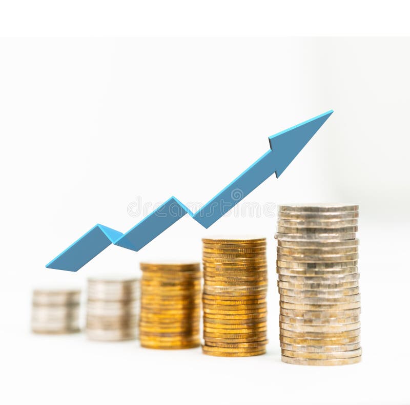 Money Coin with Blue Arrow Graph on White Background Stock Image ...