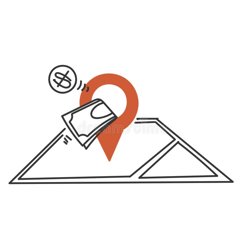 Money Come Out of Gps Map Pin Point Money Location in Doodle Style ...
