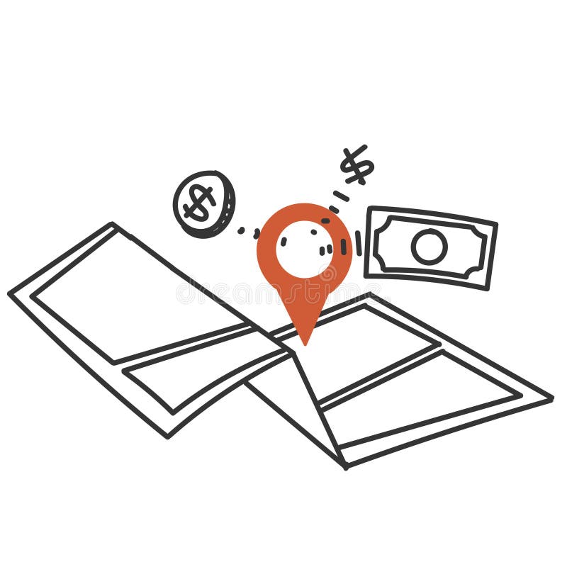 Money Come Out of Gps Map Pin Point Money Location in Doodle Style ...