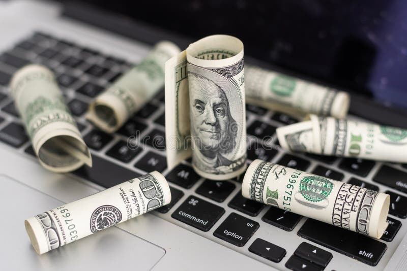 Money on Computer Keyboard. Roll Editorial Stock Image - Image of bill ...