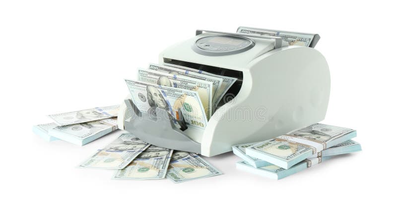 Money Counter Machine and Dollar Banknotes Isolated on White Stock ...