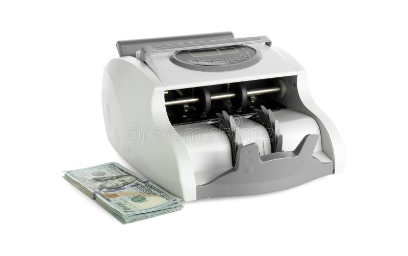 Money Counter Machine and Dollar Banknotes Isolated on White Stock ...