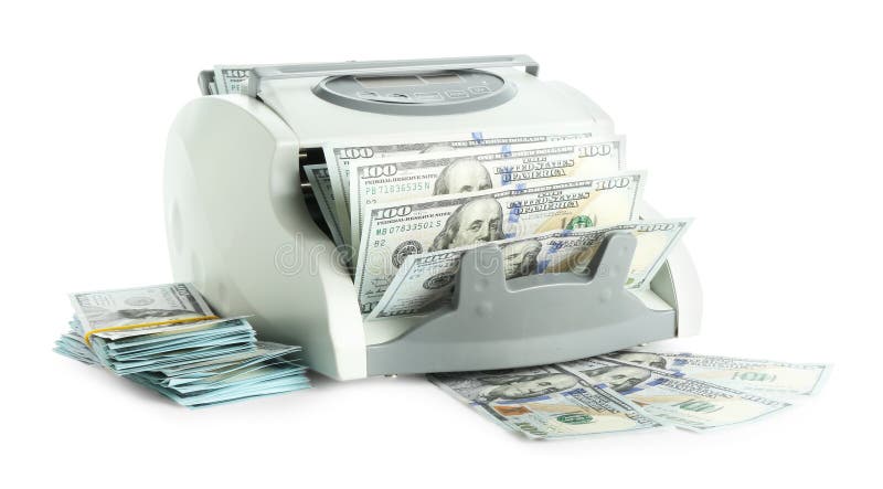 Money Counter Machine and Dollar Banknotes Isolated on White Stock ...
