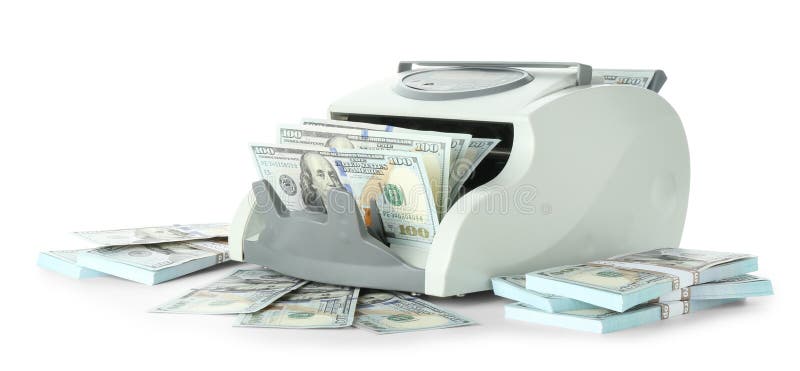 Money Counter Machine and Dollar Banknotes Isolated on White Stock ...