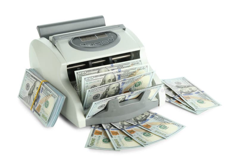 Money Counter Machine and Dollar Banknotes Isolated on White Stock ...