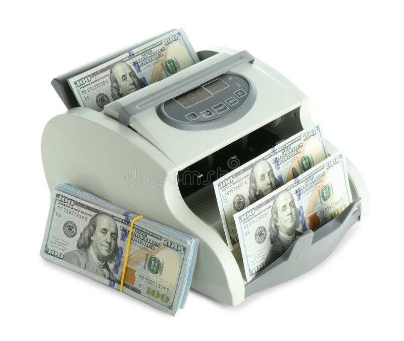 Money Counter Machine and Dollar Banknotes Isolated on White Stock ...