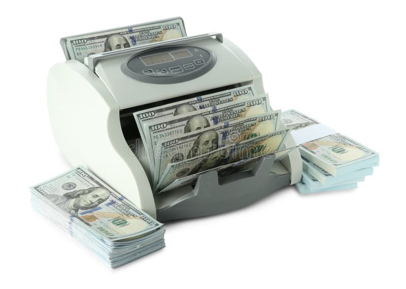 Money Counter Machine and Dollar Banknotes Isolated on White Stock ...