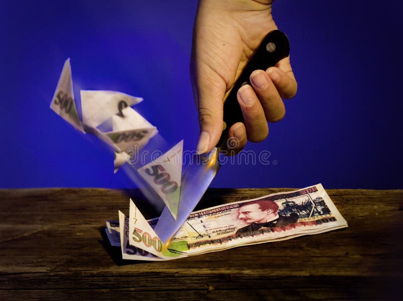 Money Cut by Hand with Knife Stock Photo - Image of inflation, hand ...