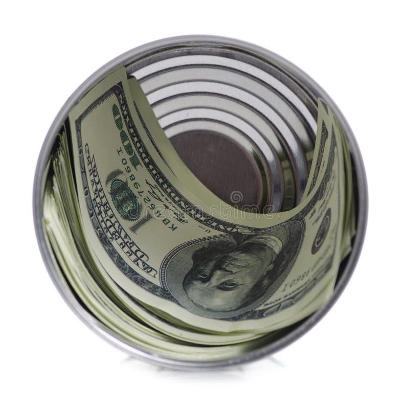 Money Dollars Bank Notes in Tin Jar Isolated on White Background Stock ...