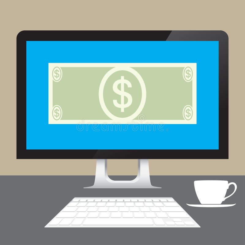 Money Dollars Online from Desktop Computer on Table Stock Vector ...