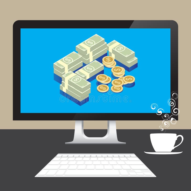 Money Dollars Online from Desktop Computer on Table Stock Vector ...