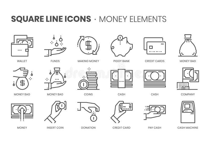 Money Elements, Square Line Icon Set Stock Illustration - Illustration ...