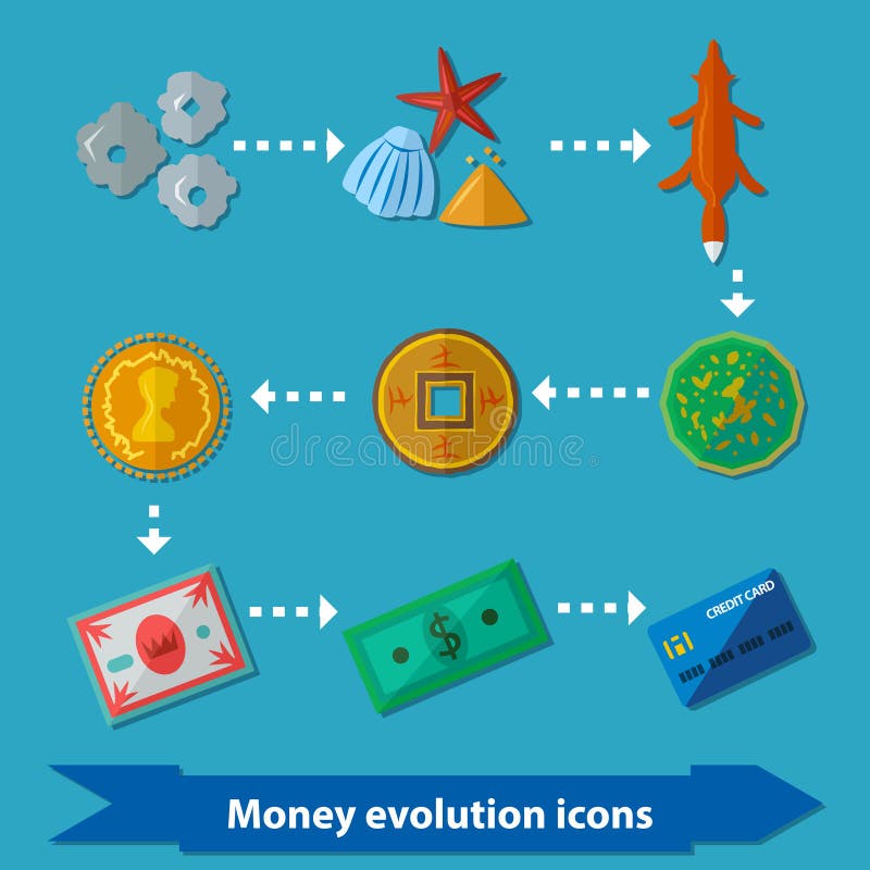 Money evolution icons flat stock vector. Illustration of seashell ...