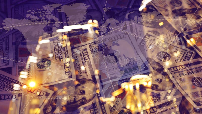 Money Exchange. Double Exposure with Dollar Banknotes and Night City ...