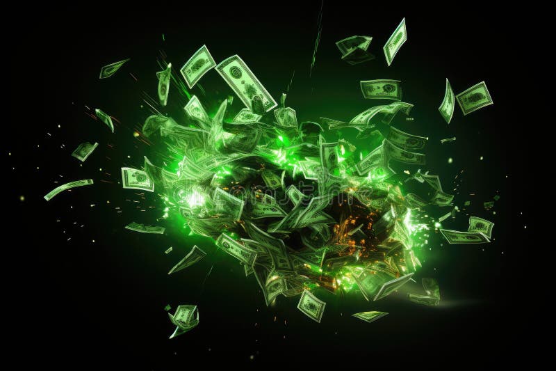 Money Explosion with Glowing Particles on Dark Background. 3D ...