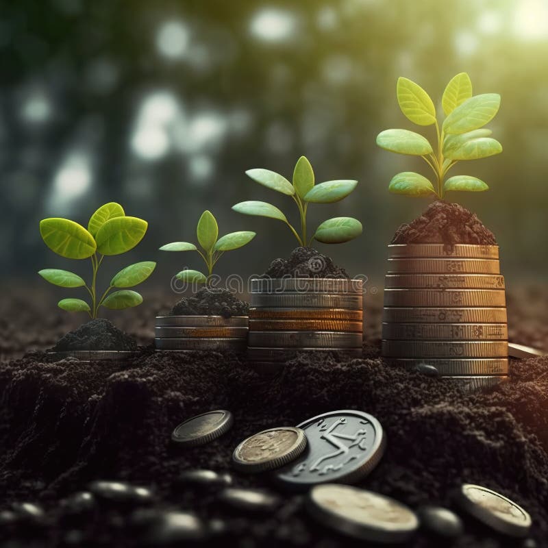 Money Growth in Soil Tree Concept with Coins Stock Illustration ...