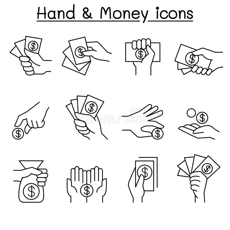 Money in Hand Icon Set in Thin Line Style Vector Illustration Graphic ...