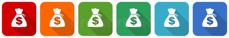 Money Icon Set, Flat Design Vector Illustration in 6 Colors Options for ...