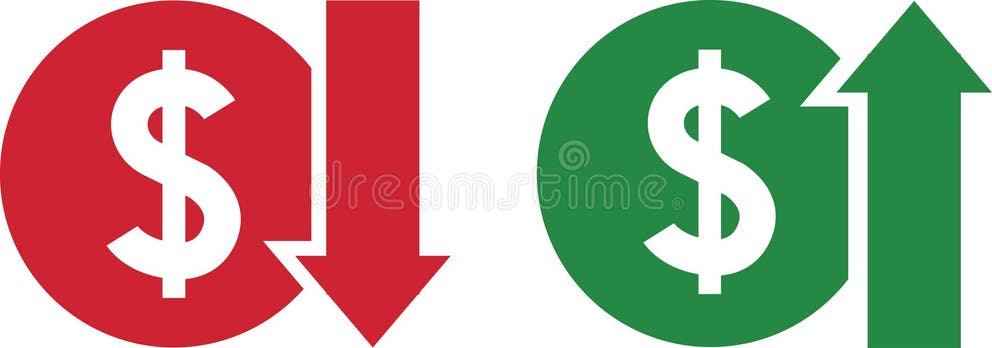 Money Increase and Decrease Icons. Low or High Total Cost Icon Stock Vector - Illustration of ...