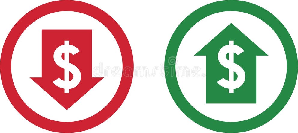 Money Increase and Decrease Icons. Low or High Total Cost Icon Stock Vector - Illustration of ...