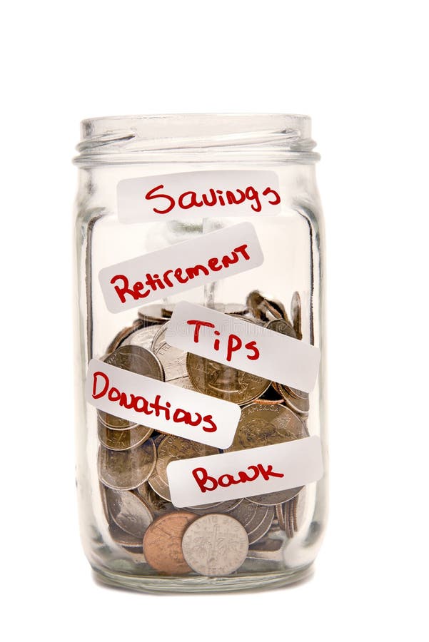 Glass Jar with Coins and Labels Stock Image - Image of retirement ...