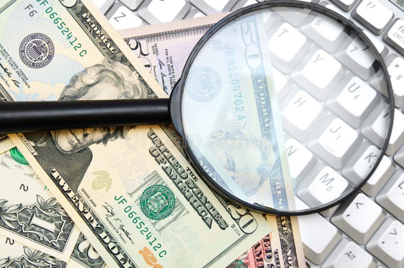Money and Magnifier for the Keyboard. Stock Image - Image of investment ...