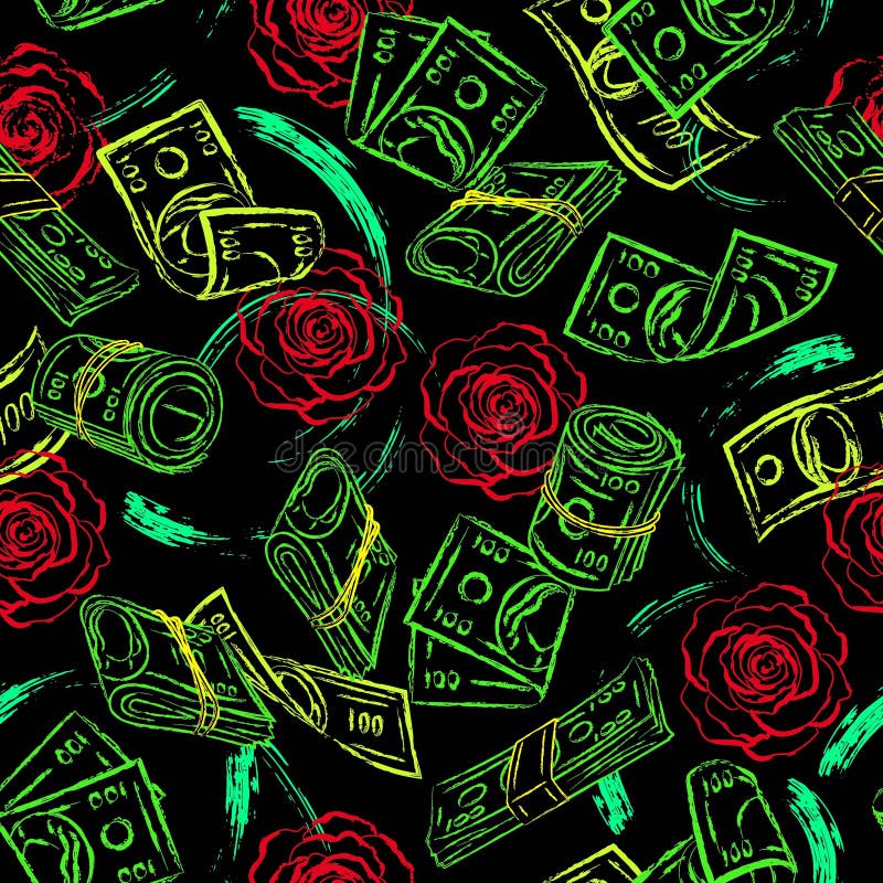 Money Neon Pattern with 100 US Dollar Bills, Roses Stock Illustration ...